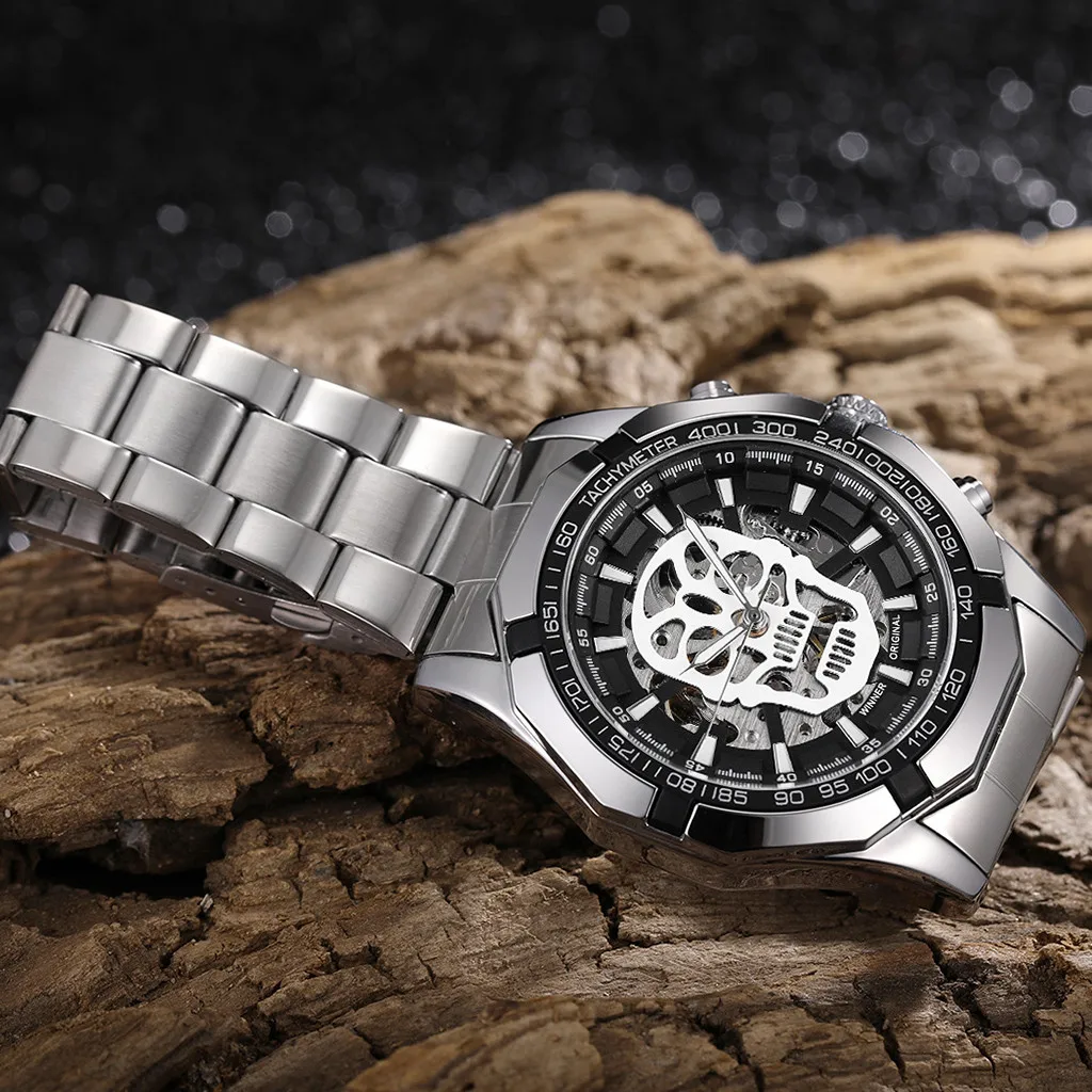 Мъжки часовник Winner SKULL, Механичен, Неръждаема стомана, Черен ...