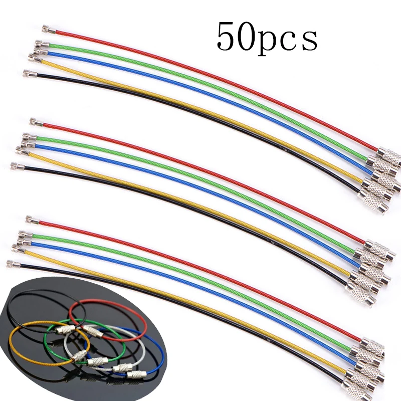 50Pcs/Set Keychain Tag Rope Stainless Steel Wire Cable Loop Screw Lock ...