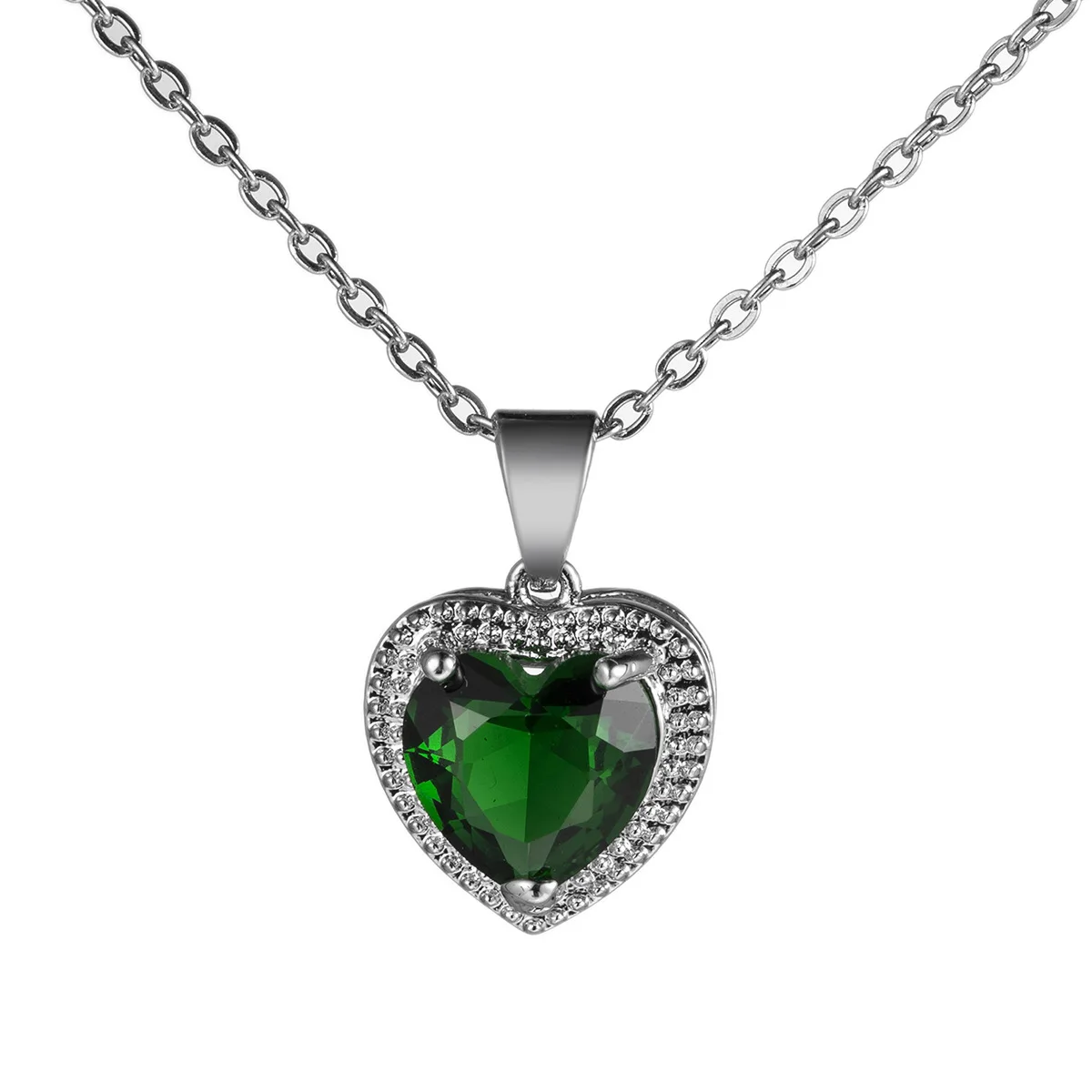 Trendy Green Heart Shape Crystal silver color Pendant Necklace for ...