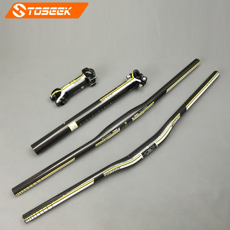 TOSEEK Carbon Fiber Bicycle Handlebar Sets Flat Rise Handlebar +Stem ...