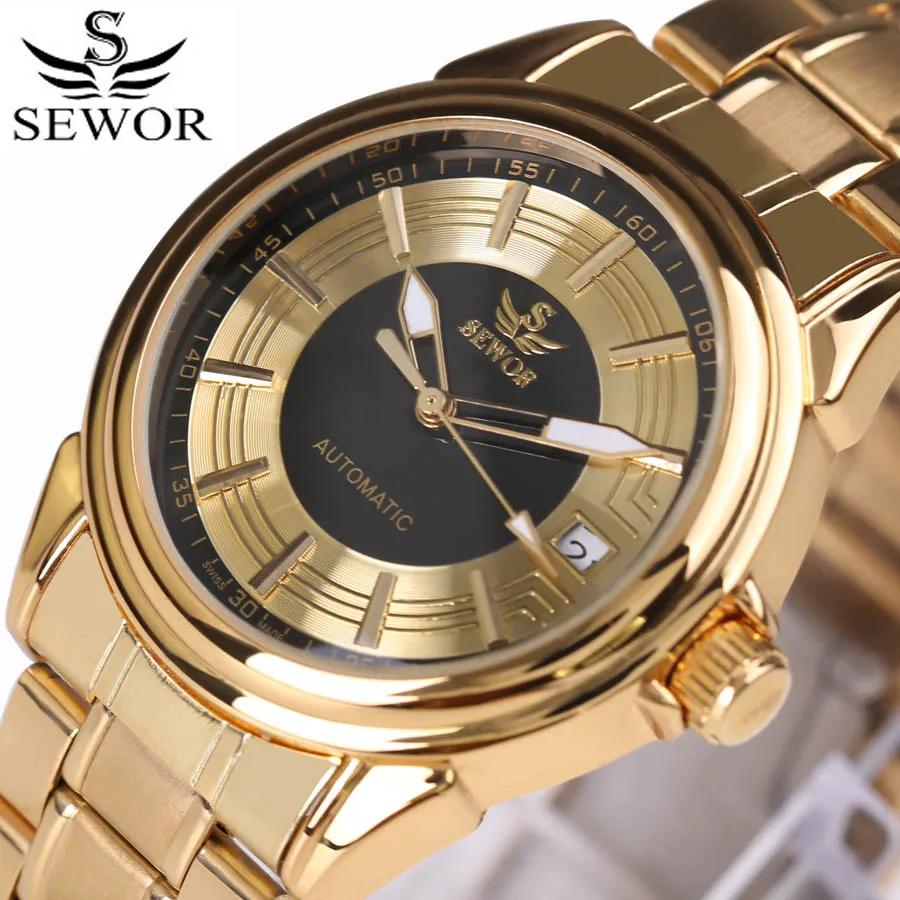 Sewor Watch Luxury Gold Mechanical Watches Men Luminous Hands Stainless ...