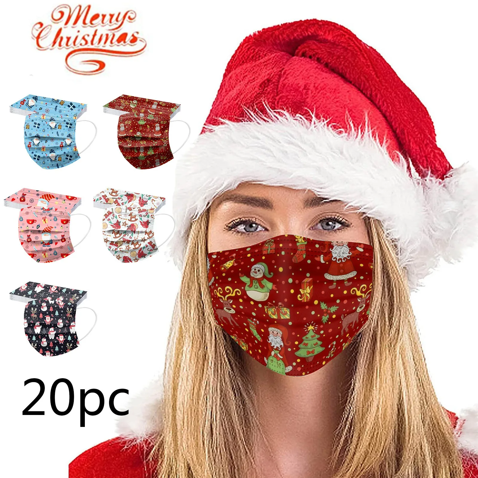 20pcs Adult Christmas Disposable Face Mask Industrial 3ply Ear Loop ...