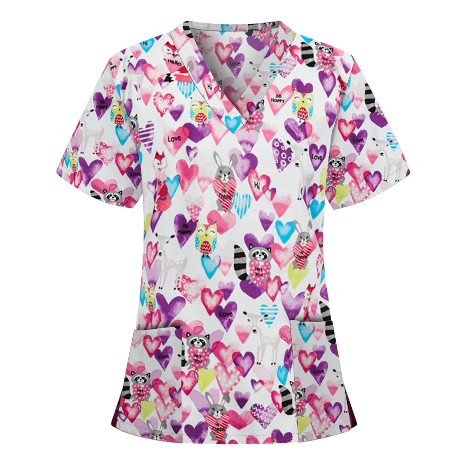 Women-Heart-Print-Nurse-Top-Valentines-Pockets-V-Neck-Scrub-Uniforms ...