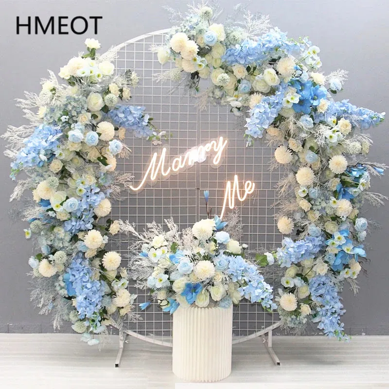 Custom-Blue-Artificial-Moon-Shape-Flower-Row-Wedding-Arch-Backdrop-Wall ...