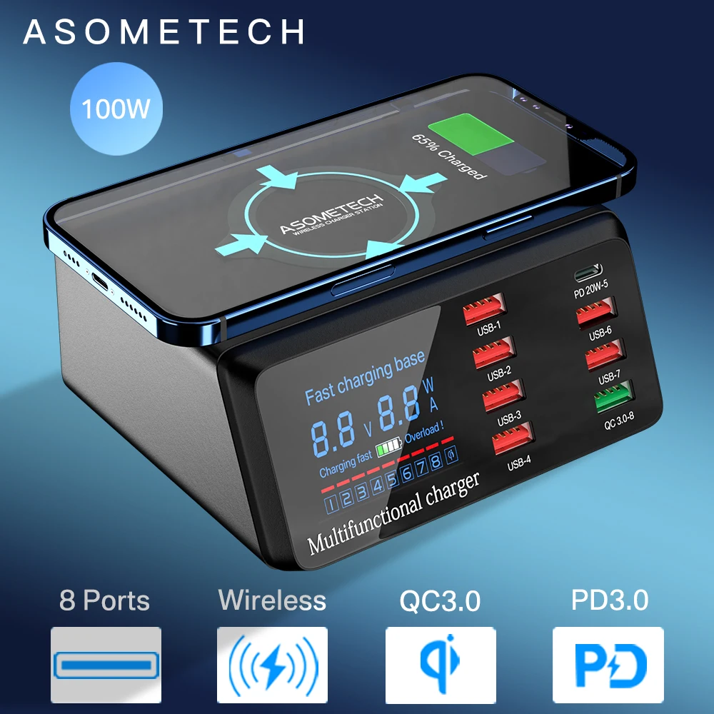 Cargador USB con 8 puertos, adaptador de carga rápida 3.0 de 100W, estación de carga inalámbrica ...