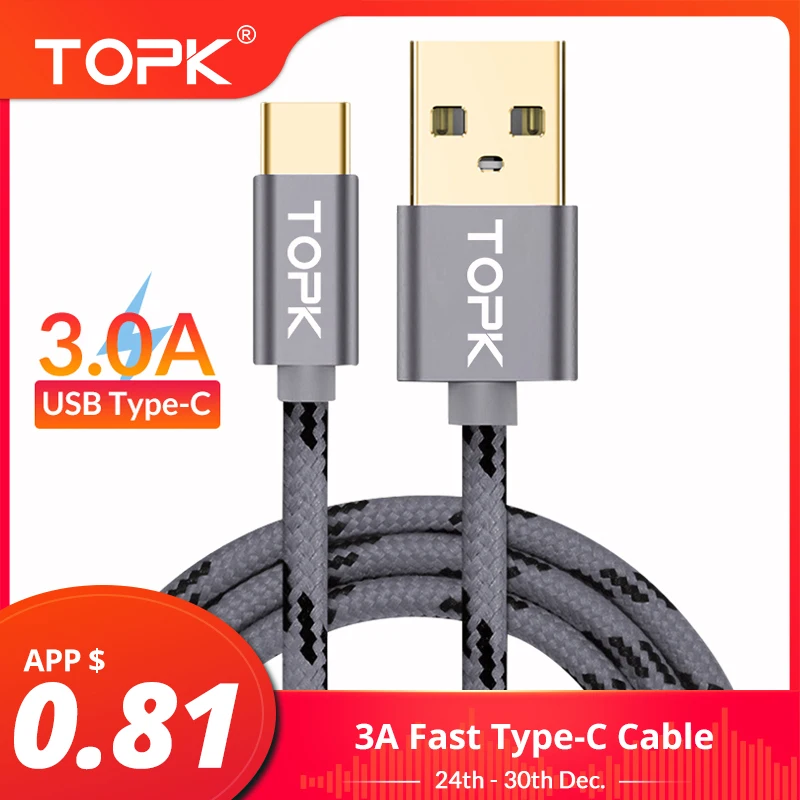 TOPK USB Type C Cable for Xiaomi Redmi Note 7 Mi 9 Fast Charging Data ...