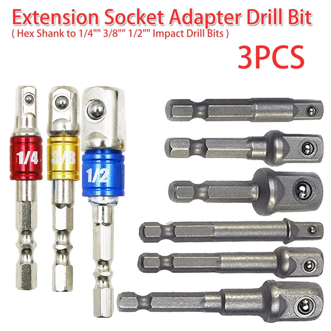 드릴 소켓 어댑터 육각 생크가 있는 임팩트 드라이버 용 3 개 스퀘어 소켓 드릴 비트 바 연장 세트 14 38 12