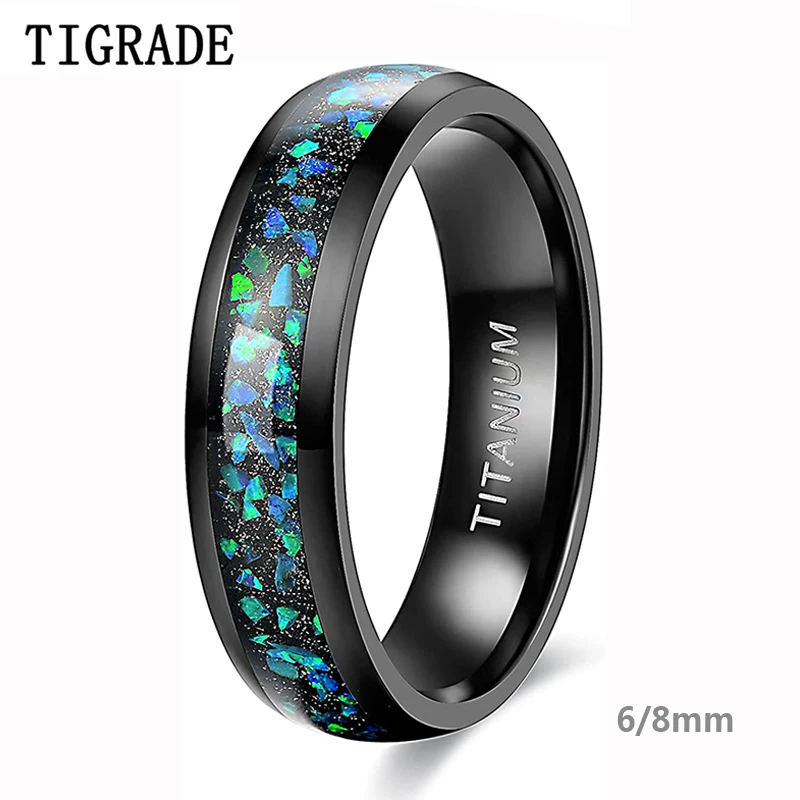 TIGRADE 6MM 8MM Black Titanium Ring with Opal Inlay for Men Women Dome ...
