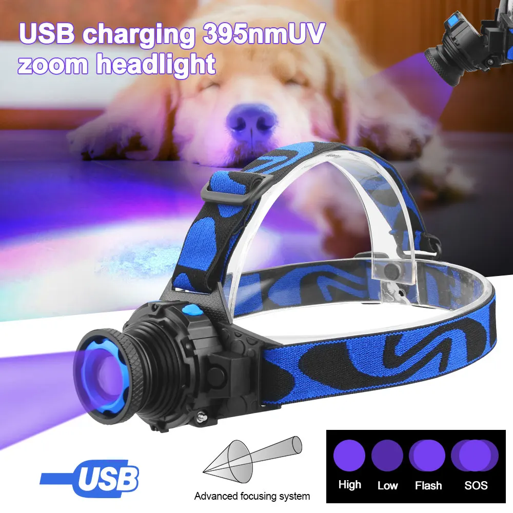 395nm Violet Head Lamp Usb Charging Uv Headlight Rotate Zoom Headlamp 4 ...