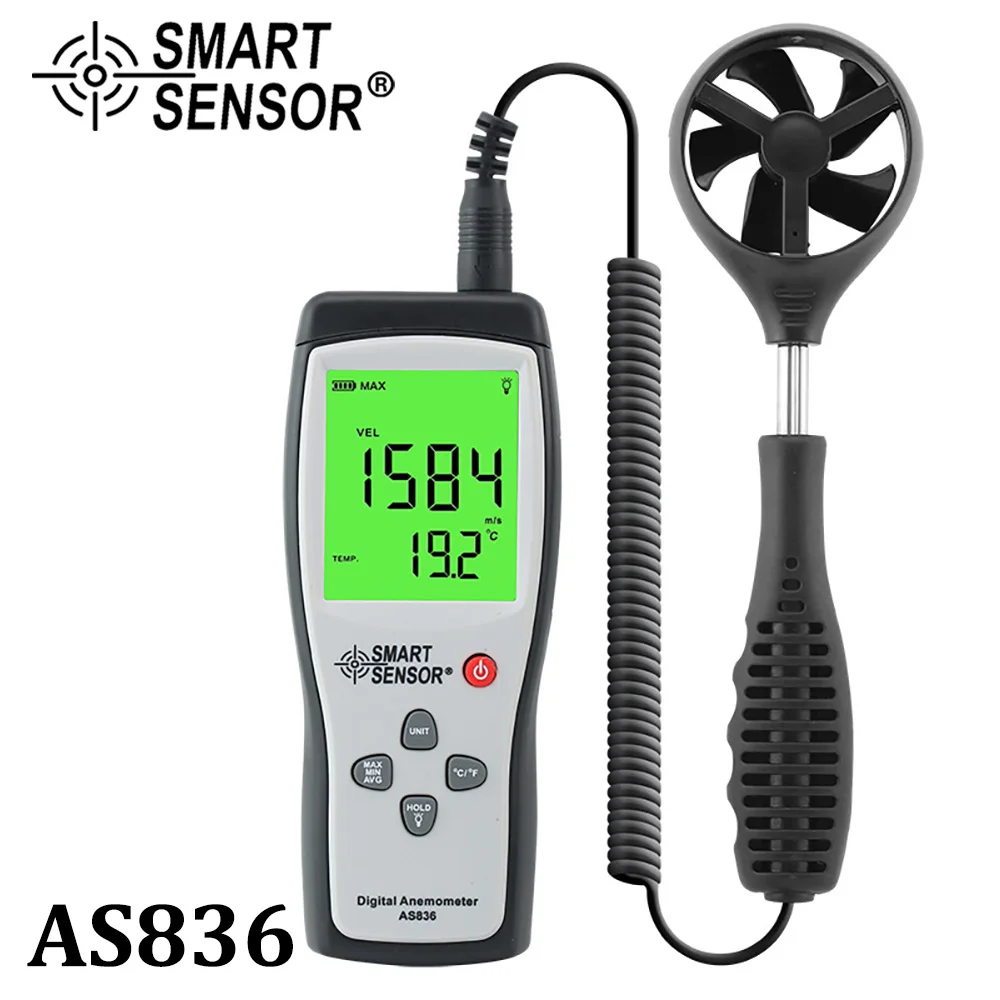 SMART SENSOR AS836 Digital Air-Flow Gauge Anemometer Wind Speed Meter Temperature 0.3-45m/s ...