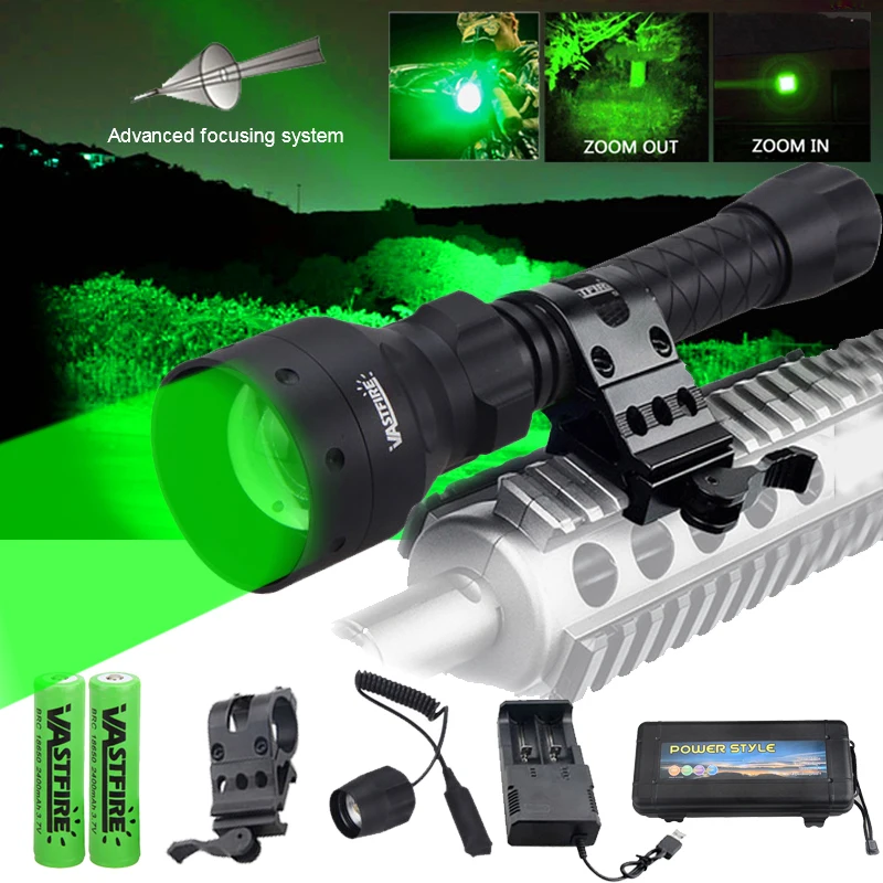 6000Lumen T50 Green Light XM L E2 LED Tactical Hunting Flashlight 18650 ...
