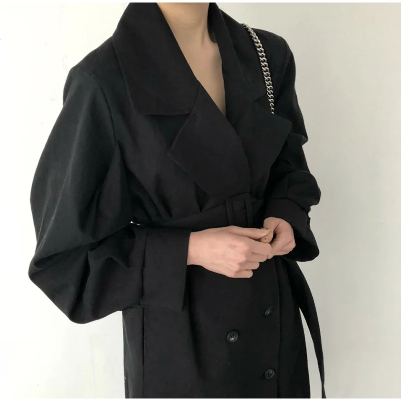 Двубортный длинный Тренч с поясом, Женское пальто, отложной воротник ...