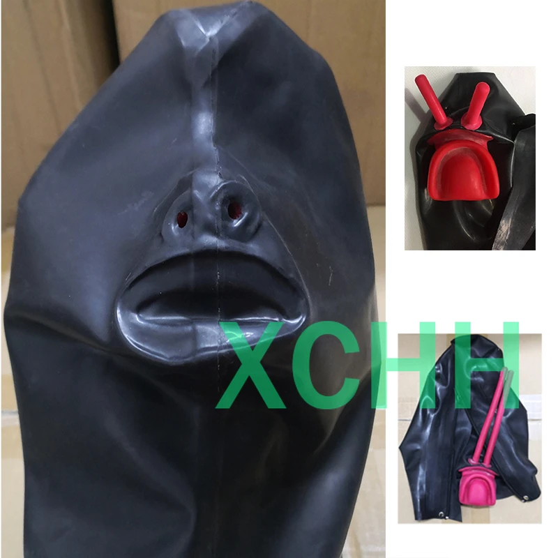 Latex Hood Handmade Men Woman Rubber Mask With Long Nose Tube Teeth Gag ...