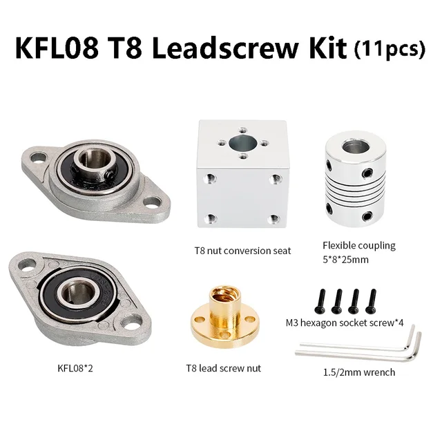 MEGA 3D Printer T8 Lead Screw Kit KP08/KFL Bracket Nuts Pitch 2mm Lead ...