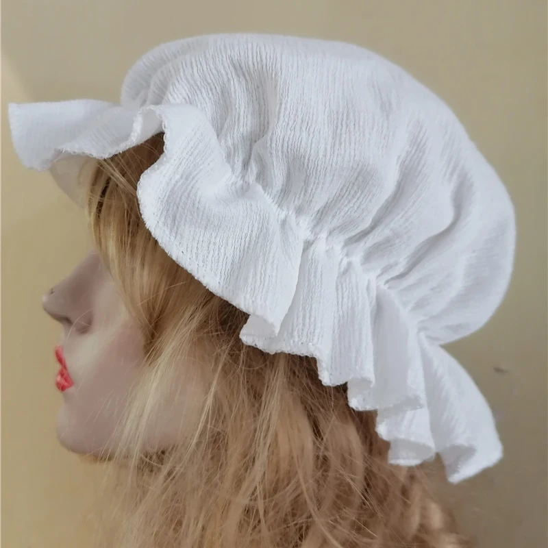White-Lolita-Bonnet-Ruffled-Hat-Adjustable-Medieval-Vintage-Maid ...