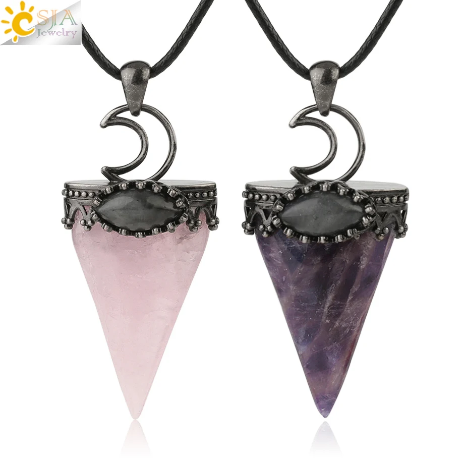 CSJA-Natural-Stone-Triangle-Pendant-Necklace-Antique-Silver-color-Crown ...