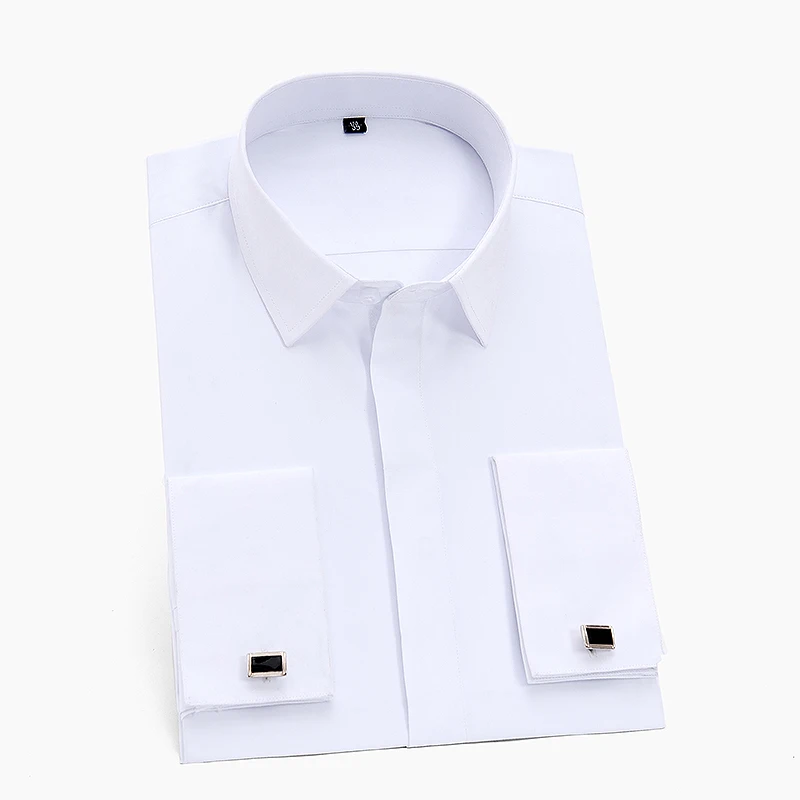 남성 클래식 프렌치 커프스 드레스 셔츠 커버 Placket 긴 소매 턱시도 남성 셔츠 커프스 단추 포켓 없음 티몬