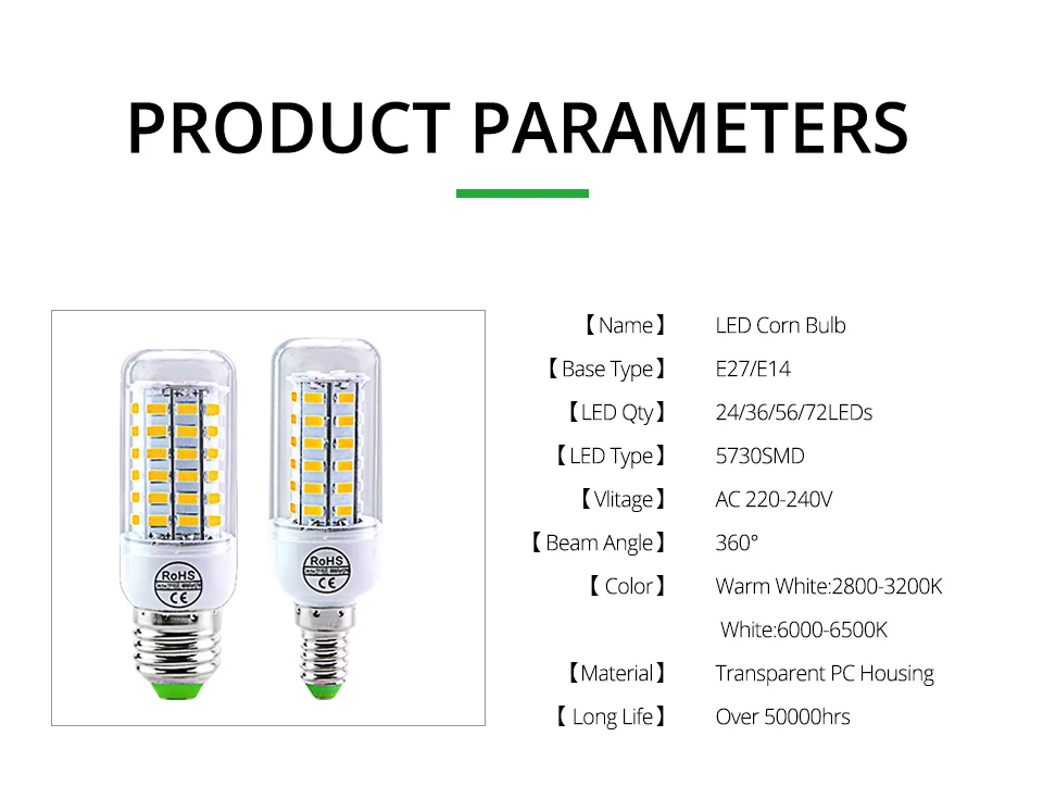 AMPOULE LED,White-E14-56 LEDs--Ampoule LED épis de maïs, SMD 5730, 220V, E27, E14, 24 36 56 72 ...