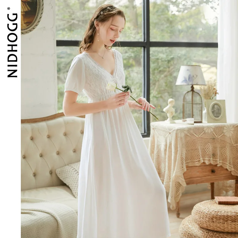 Women's Short Sleeved Nightdress Summer Cotton V neck Night Dress Lace ...