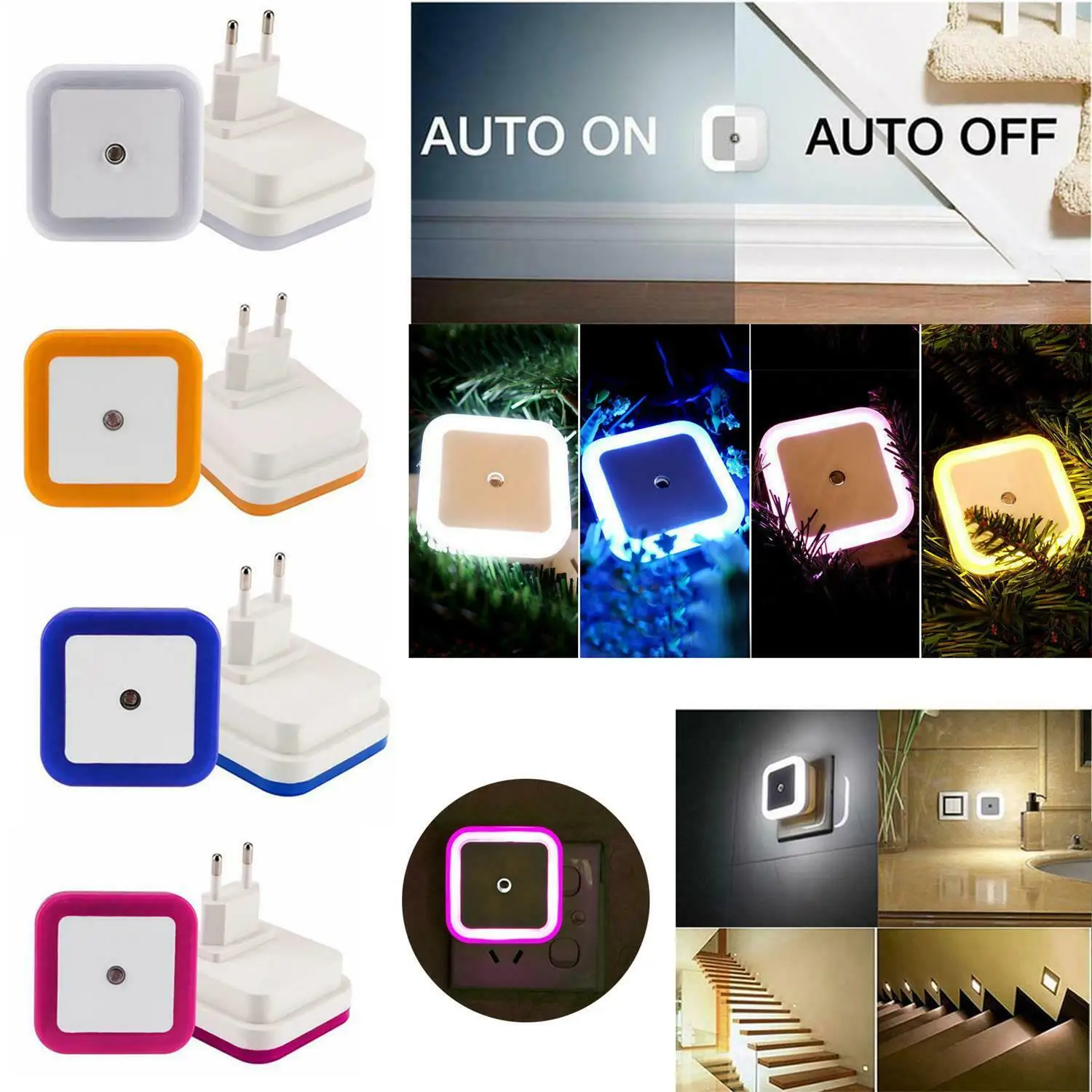 Mini Cute Wall Plug in LED Night Light Auto Sensor Square Bedside Lamp ...