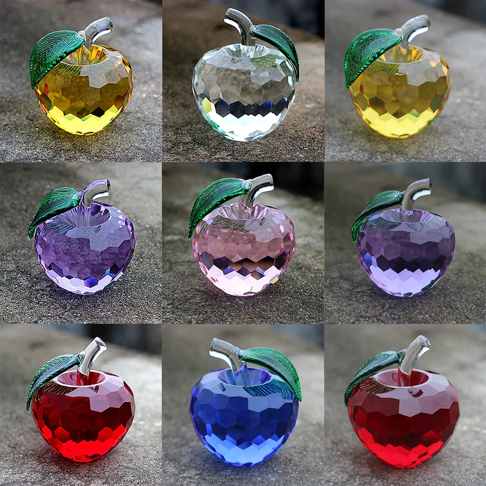 40mm 3D Crystal Apple Paperweight with Leaf 7 Colors Cut Faceted Glass ...