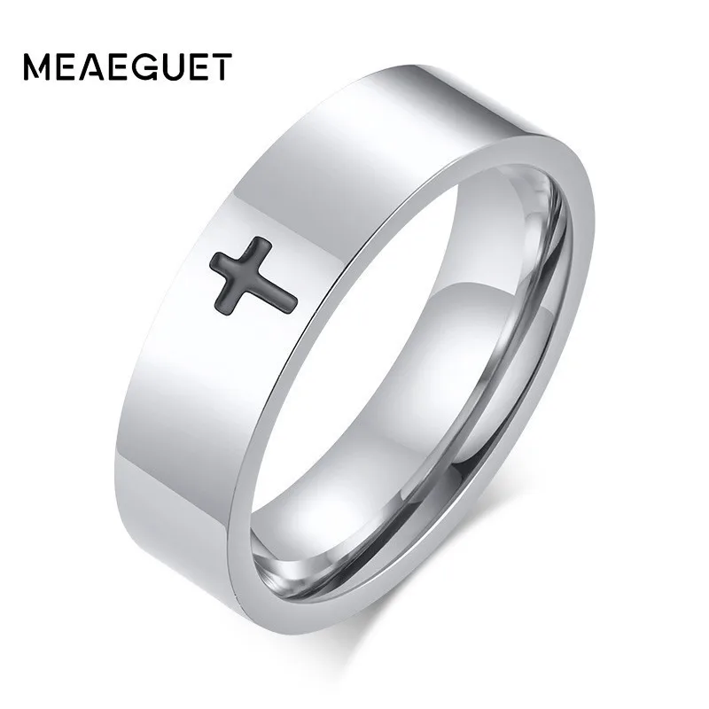 Engraved Cross Ring Stainless Steel Silver Color Flated Edge Squared ...