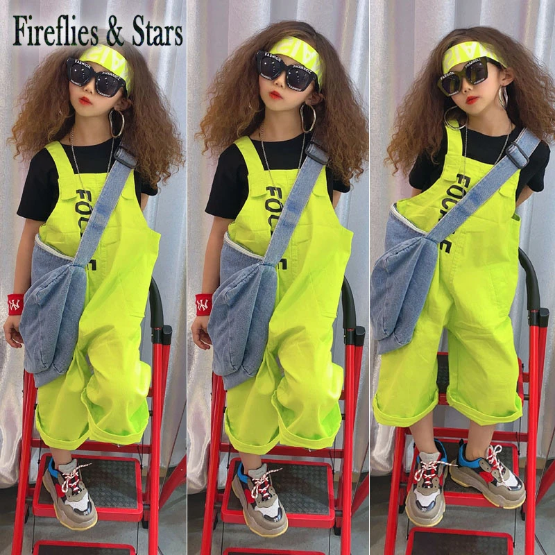 Summer girls 2 pcs set baby tee shirt + suspender pants kids tracksuits ...