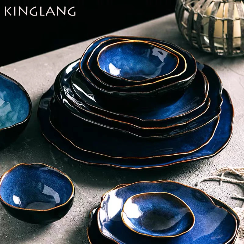 KINGLANG 1/2/4 Person Tableware Set Blue Color Ceramics Irregular Shape ...