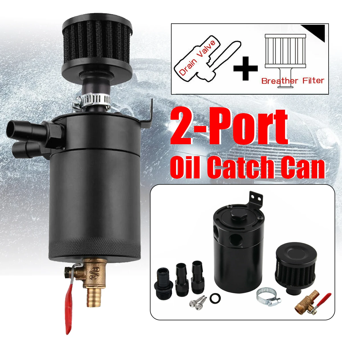Universal 2-port Oil Catch Can Tank Reservoir With Drain Valve Breather ...