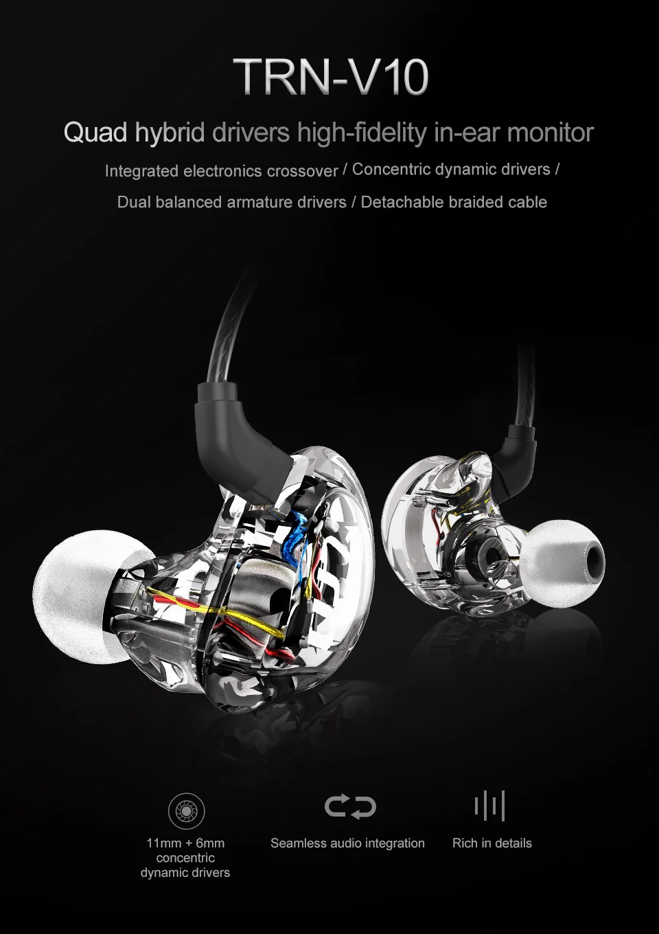 TRN V10 2DD 2BA Headphones Hybrid In Ear Earphone,TRN