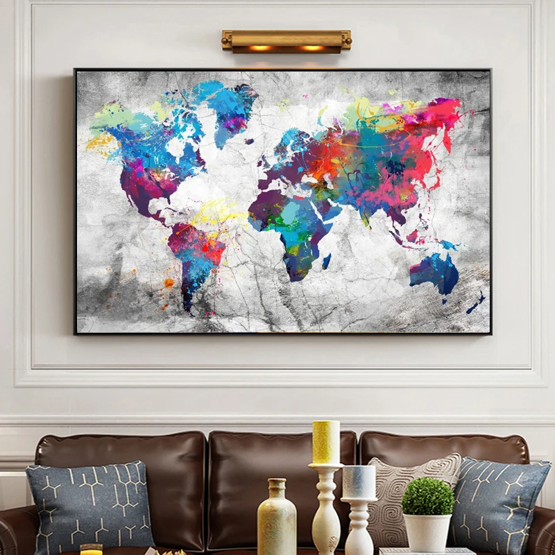 Pintura impresa en lienzo moderna, mapa del mundo colorido, decoración ...