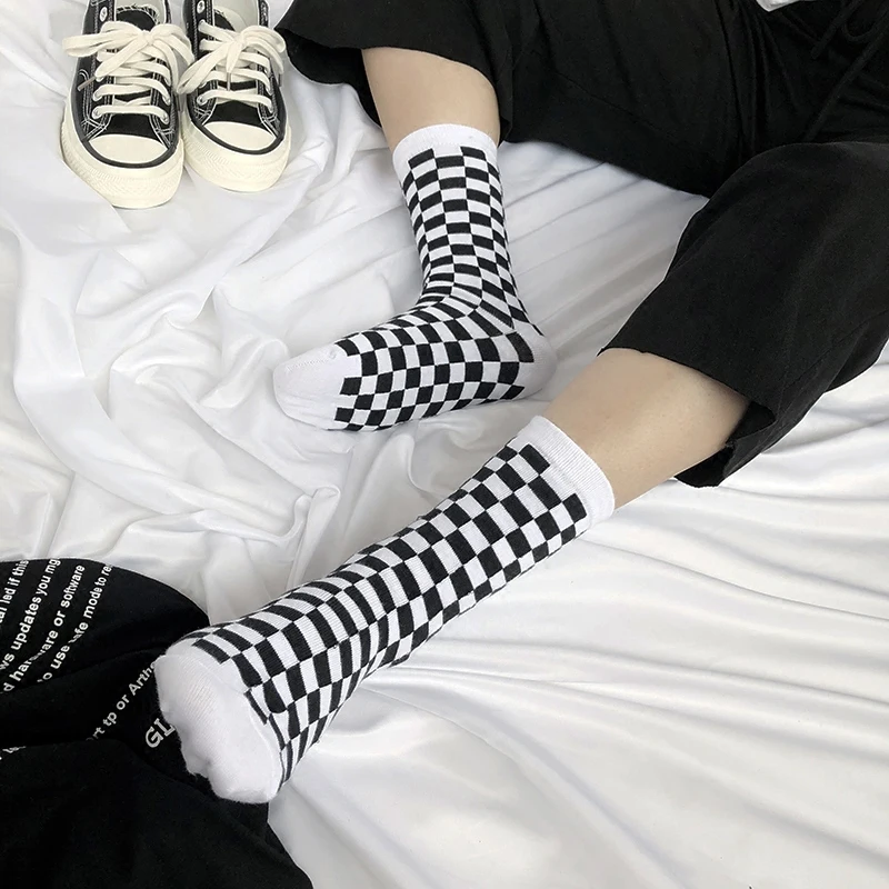 Korea Funky Harajuku Trend Women Checkerboard Socks Geometric Checkered ...