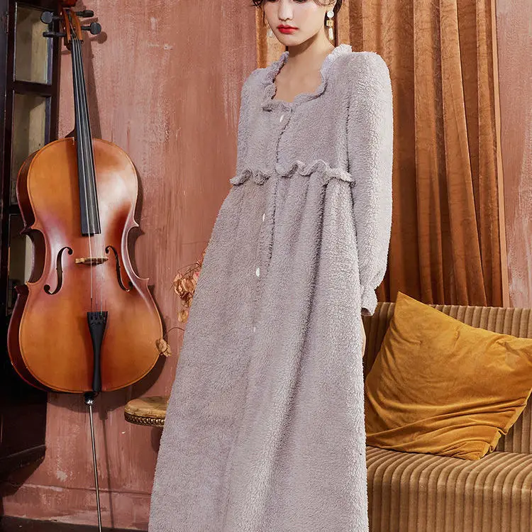 Coral Velvet Winter Sleepshirts Sexy Gray Solid Nightgown Warm Softy ...