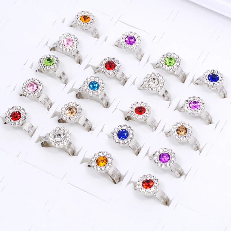 20Pcs Adjustable Kids Rings Shining Crystal Rhinestone Gold Silver ...