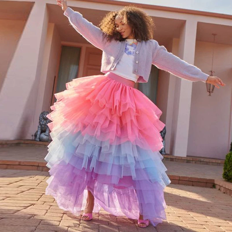 Fashion Long Layered Skirt Colorful Tulle Tutu Multi Layer Tiered Women ...