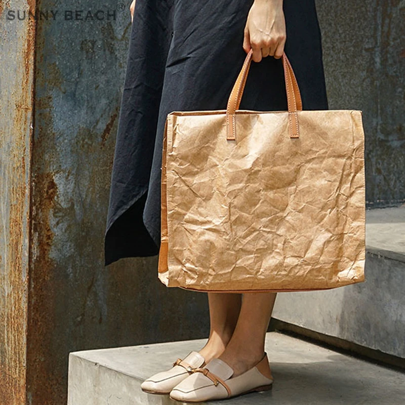 Women Kraft Paper Vintage Single Shoulder Bags Letter Solid Casual Tote ...