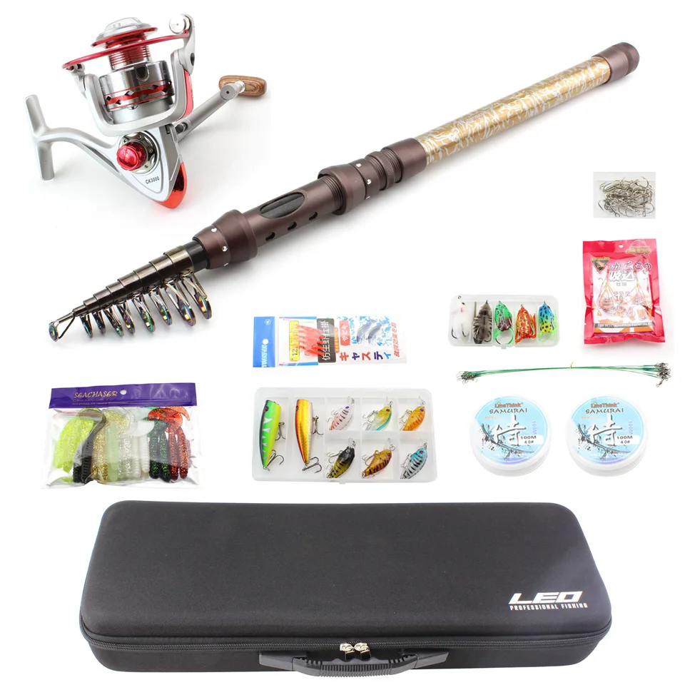 Juego completo de caña de pescar telescópica, Kit completo de carrete giratorio, aparejos de ...