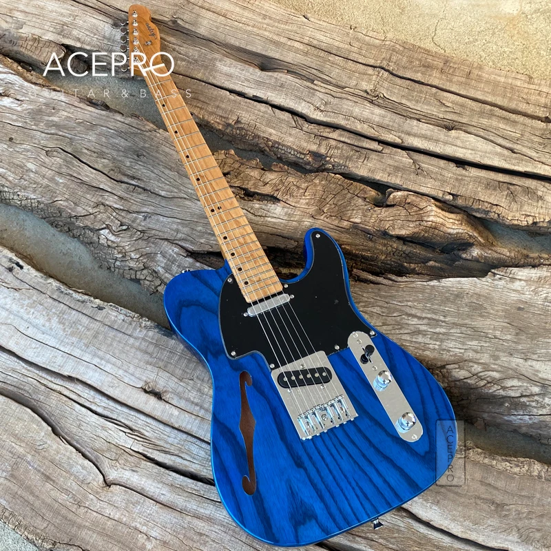 ACEPRO-F-hole-Electric-Guitar-20mm-Solid-ASH-Body-Transparent-Blue ...