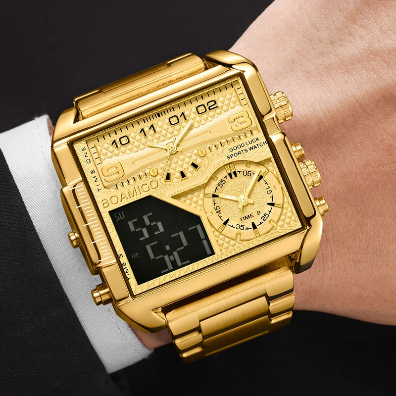 Boamigo Top Brand Luxury Fashion Men Watches Gold Steel Sport Square ...