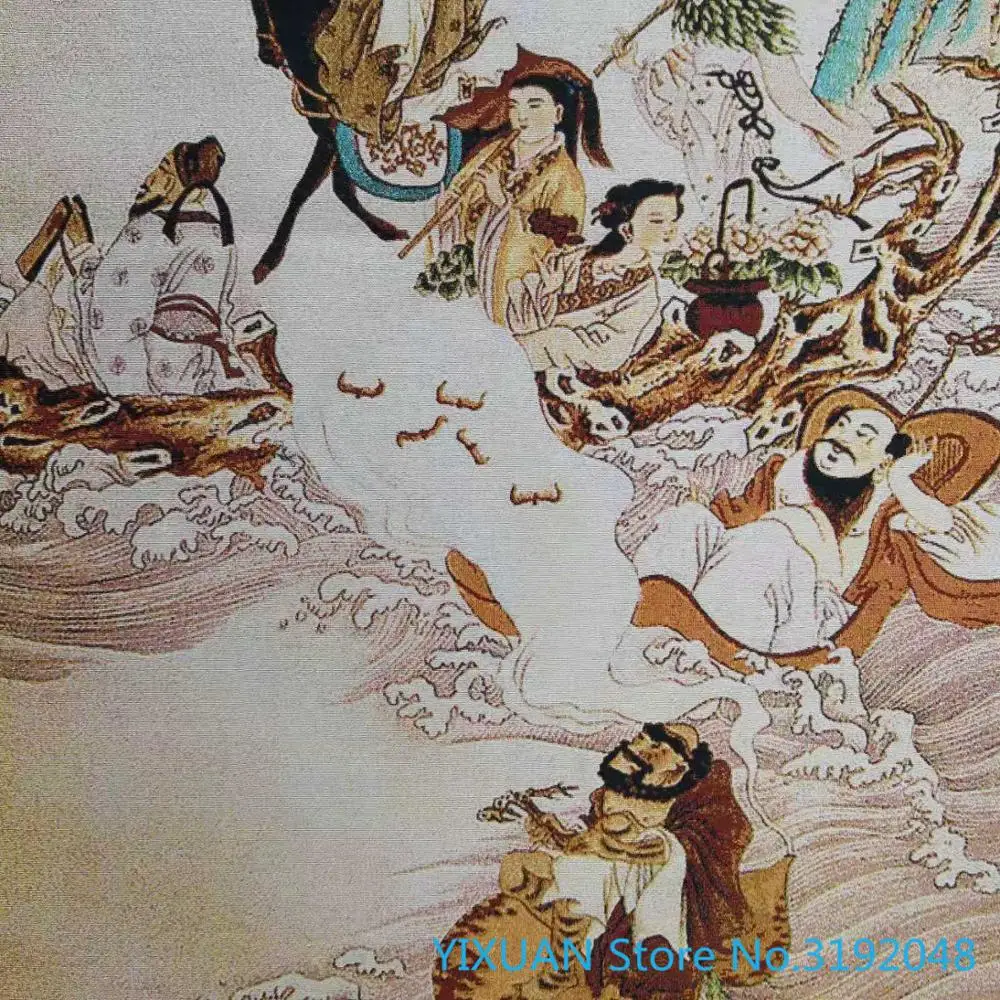 Eight immortals cross the sea silk Thangka brocade painting gold silk ...