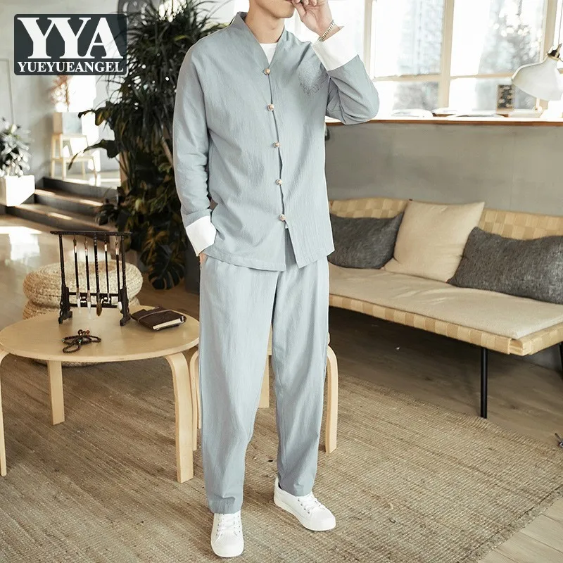 Autumn Chinese Style Mens Linen Tang Suit Casual Two Piece Set Vintage ...
