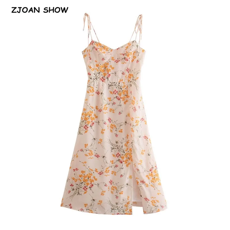 2021 Vintage France Floral Print Lacing Up Adjust Spaghetti Strap Midi