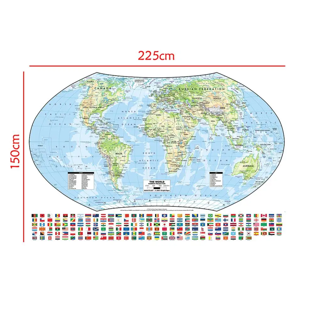 The World Hammer Projection Map With National Flags Non-woven Foldable ...
