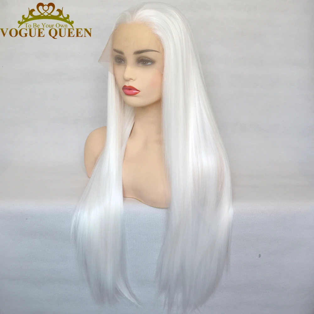 Vogue Queen Platinum White Synthetic Lace Front Wig Long Straight For ...