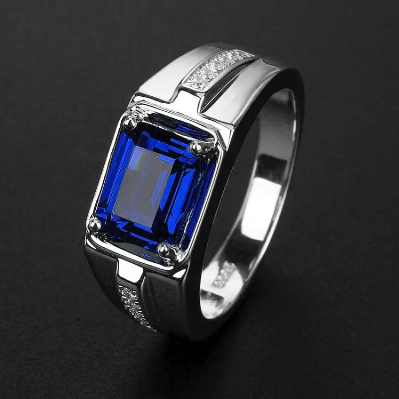 Luxury-Geometric-Blue-Zircon-Ring-Silver-Color-Open-Adjustable-Ring-Men ...