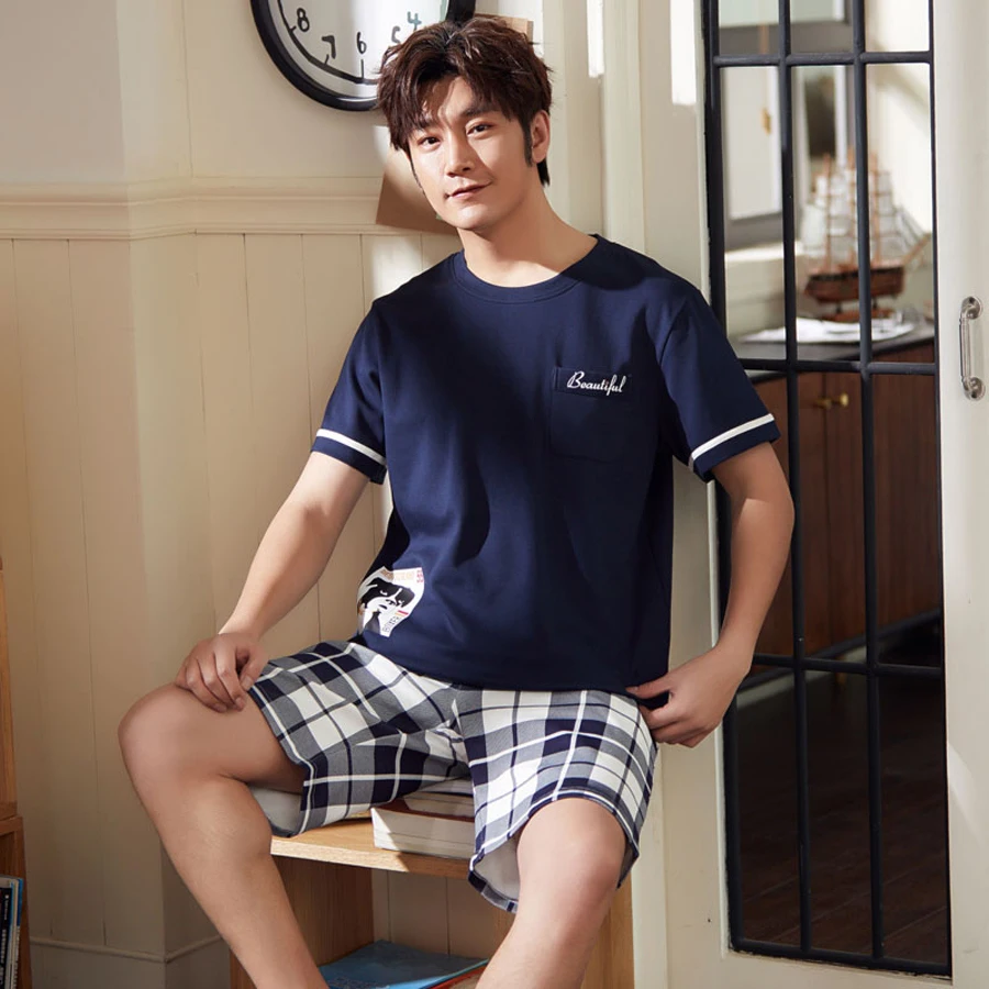 Men's Pajama Sets Summer Man Pajamas Set Simple Sleepwear Short Sleeve ...