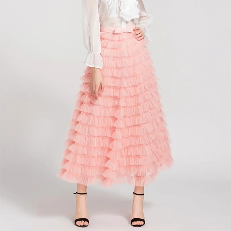 Evening Party Date Sweet Pink Ruffle Mesh Princess Long Tiered Skirt ...