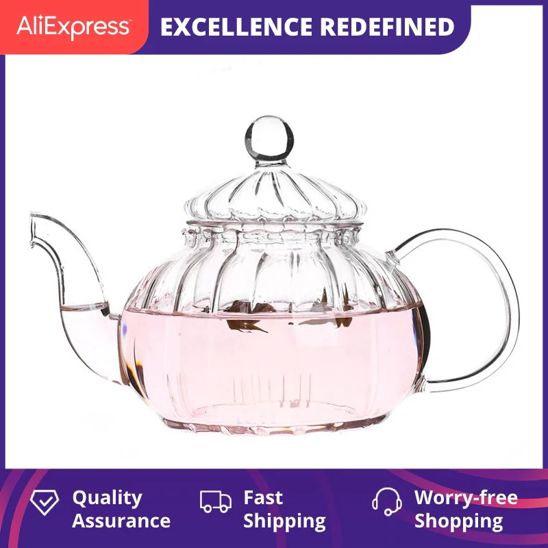 600ml Striped Pumpkin Shape Flower Teapot,heat Resistant Glass Pot ...