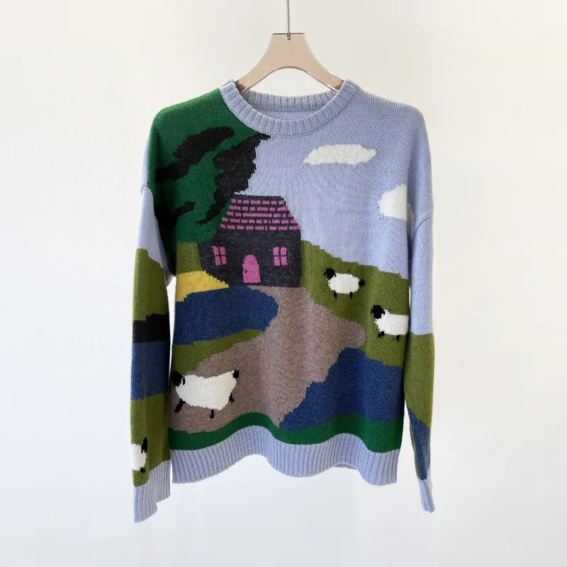 Women Long Sleeve Sweater Cartoon Print Jumper Cute Wool Blends Female ...