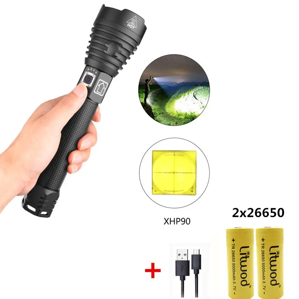 XHP90 LED Flashlight 3 Modes Dimming Flashlight Zoom Rechargeable USB ...